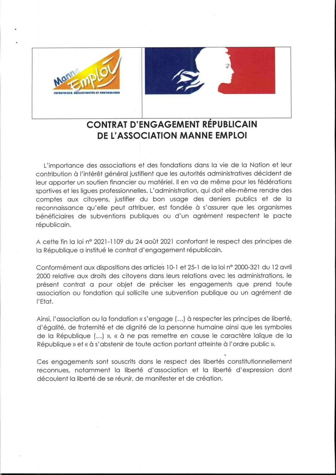 Contrat d'Engagement Républicain - LA MANNE EMPLOI