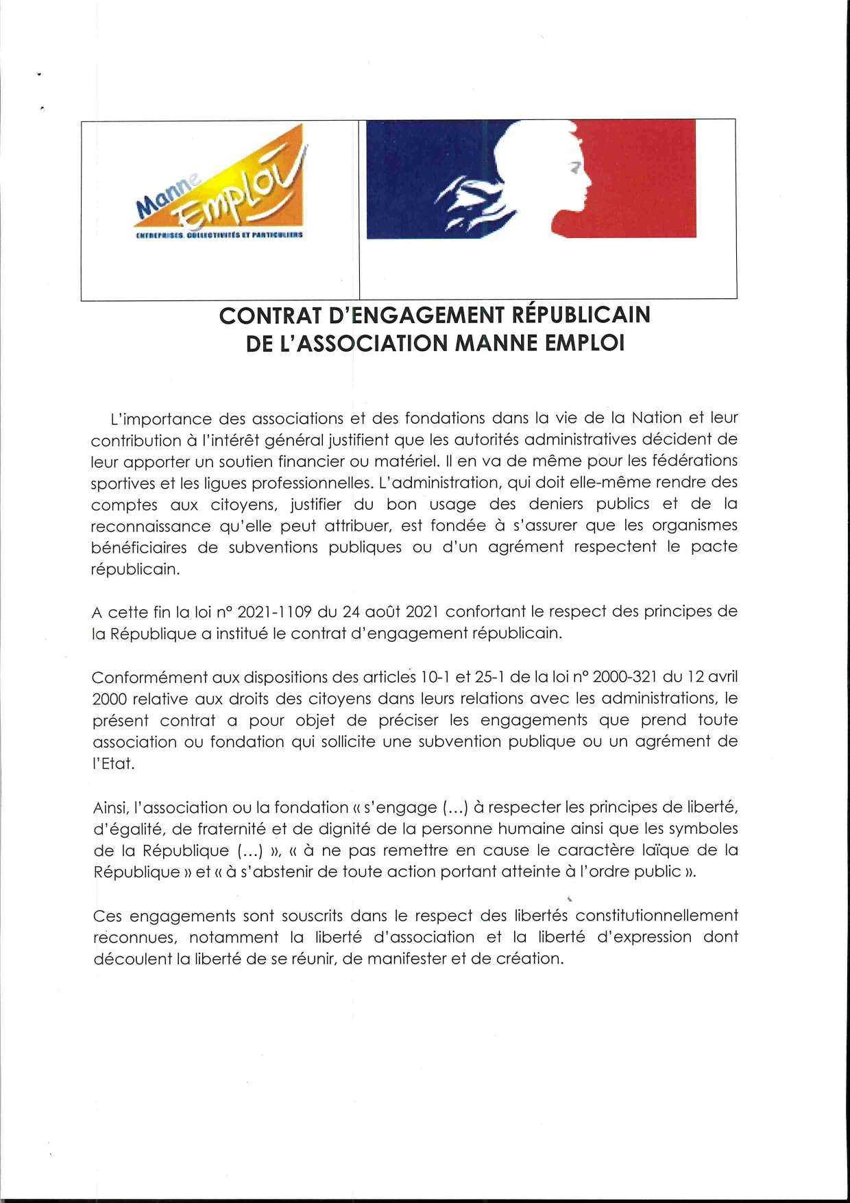 Contrat d'Engagement Républicain - LA MANNE EMPLOI